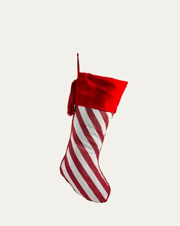 SUDHA PENNATHUR Beaded Large Candy Cane Christmas Stocking