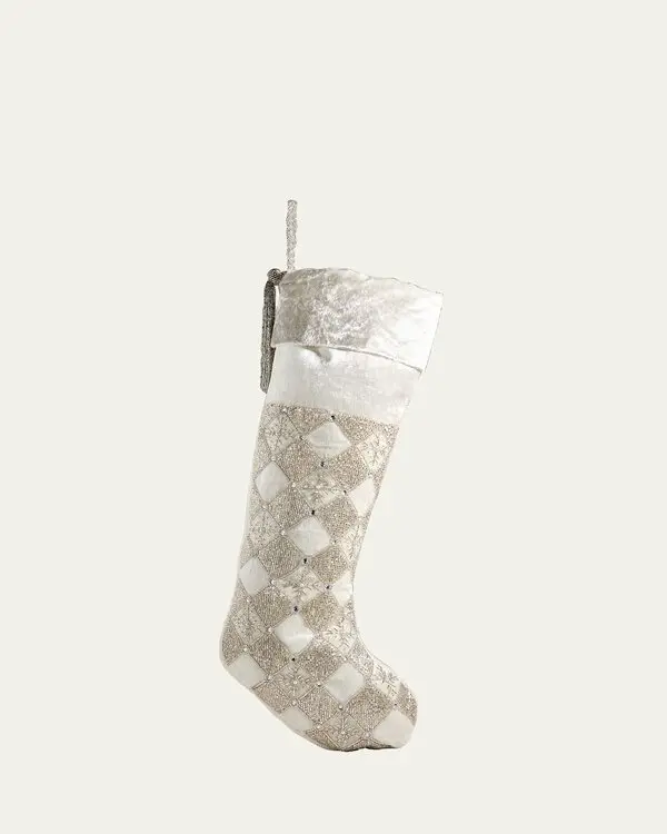 SUDHA PENNATHUR Silver Beaded Grid And Snowflake Christmas Stocking