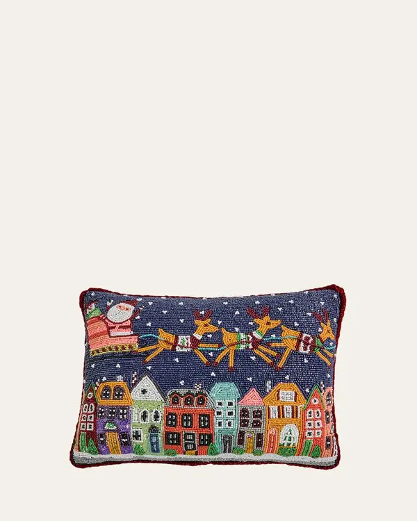 SUDHA PENNATHUR Santa In Sleigh Over Buildings Beaded Pillow