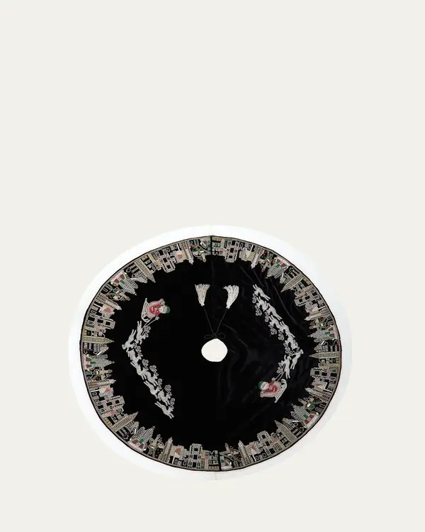 SUDHA PENNATHUR Nyc Skyline With Santa & Sleigh Beaded Tree Skirt, 60