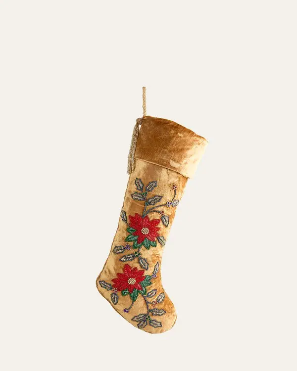 SUDHA PENNATHUR Gold Velvet Stocking With Vine And Poinsettia Beading