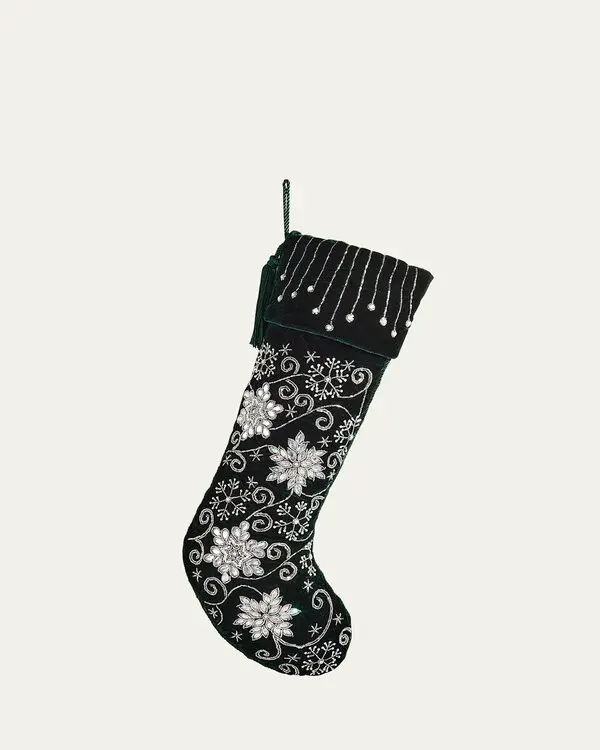 SUDHA PENNATHUR Velvet Snowflake Embroidered Christmas Stocking