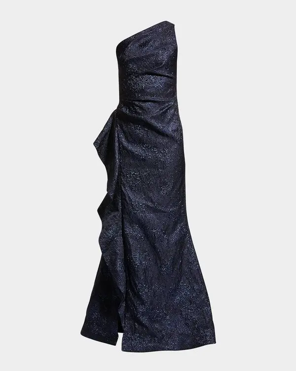 Rickie Freeman For Teri Jon One-shoulder Jacquard Side-ruffle Gown - Black / Blue