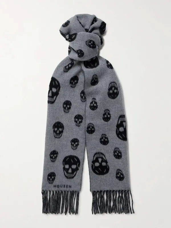 Alexander McQueen Fringed Intarsia-knit Wool And Cashmere-blend Scarf
