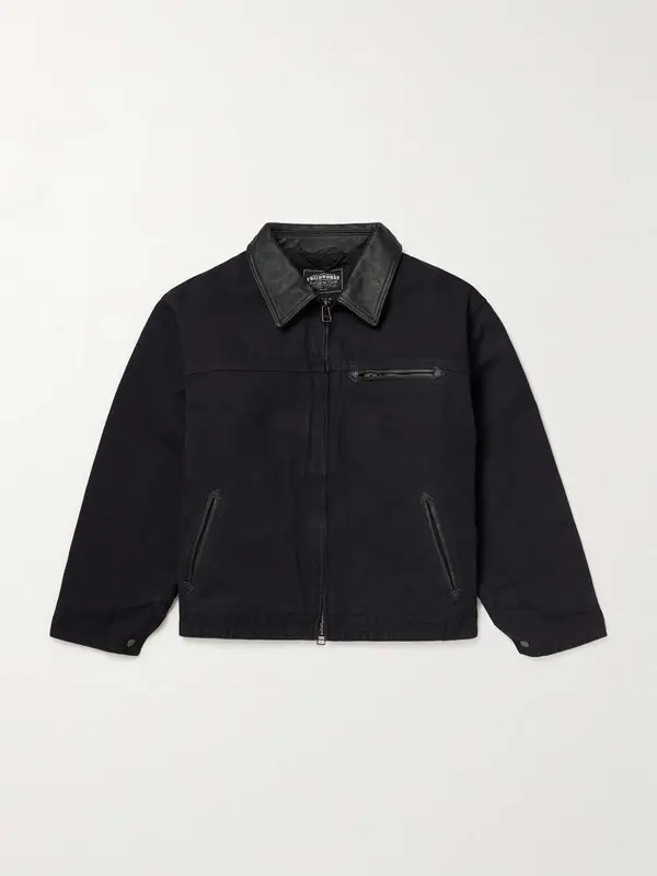 FRIZMWORKS Leather-trimmed Distressed Padded Cotton-canvas Jacket