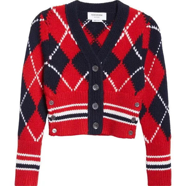 Thom Browne Argyle Intarsia Shrunken Virgin Wool Blend Cardigan - Red/white/blue