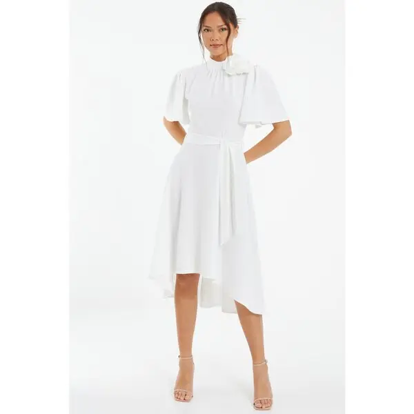 QUIZ Scuba Crepe Flower Detail Dip Hem Dress