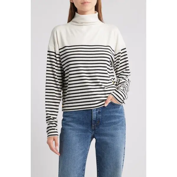 Rag & Bone Stripe Rib Knit Side Button Funnel Neck Top