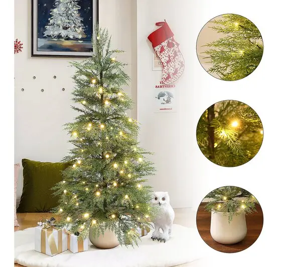 LUXEN HOME Luxenhome 4.5ft Pre-lit Artificial Xmas Tree, W Hite Pot Base