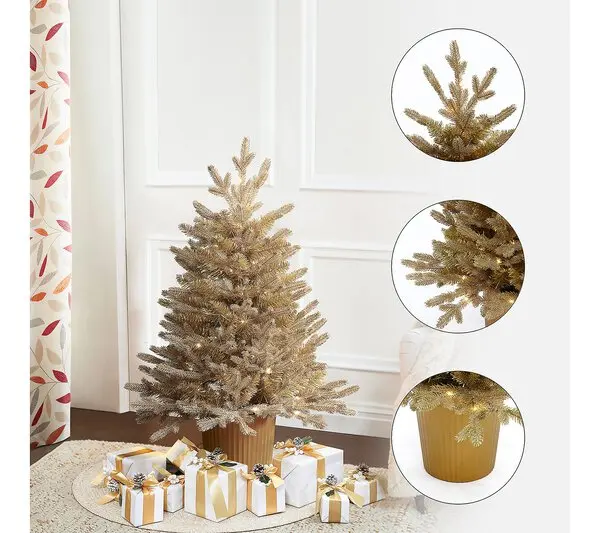 LUXEN HOME Luxenhome Lighted 3ft Gold Artificial Xmas Tree With Gold Pot