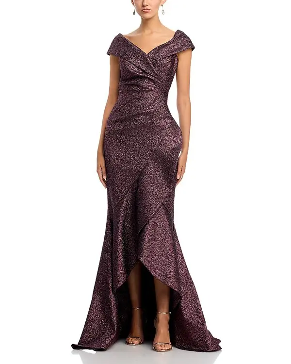 Rickie Freeman For Teri Jon Metallic Jacquard Ruffle Gown
