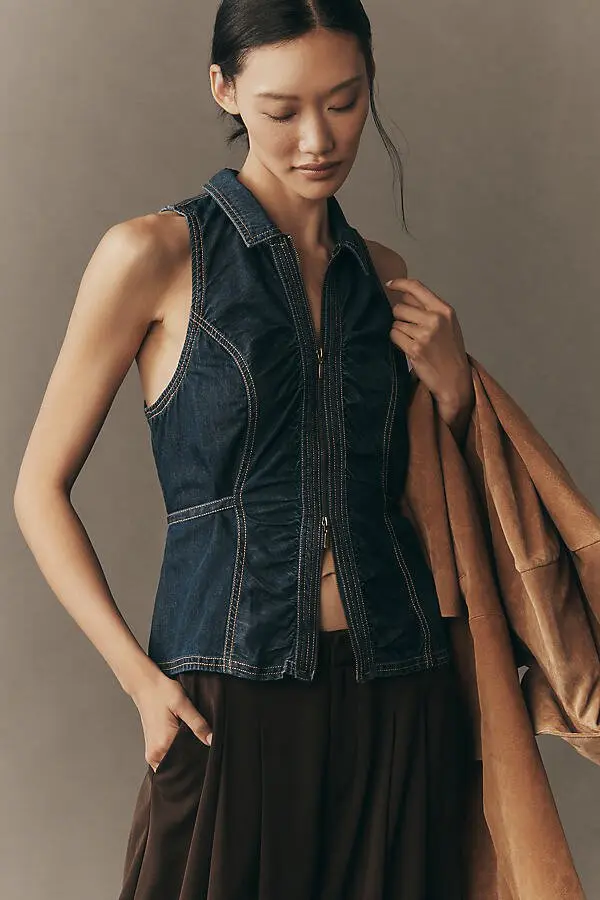 PILCRO Denim Zip-front Vest Top - Medium Denim