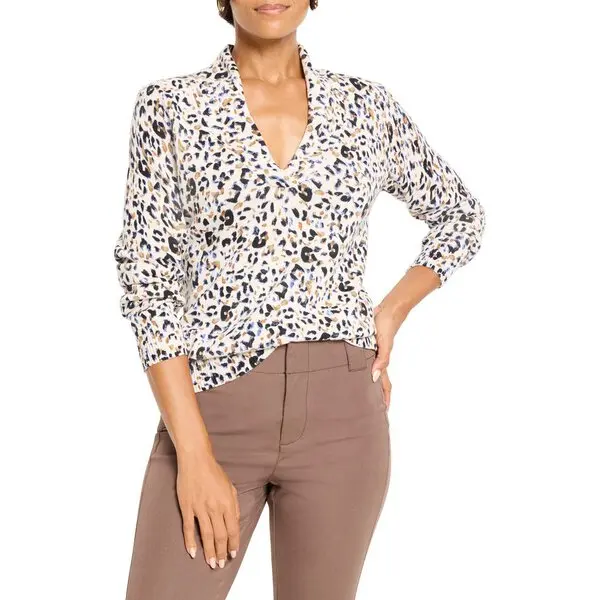NIC+ZOE Cheetah Spot V-neck Cotton Blend Sweater