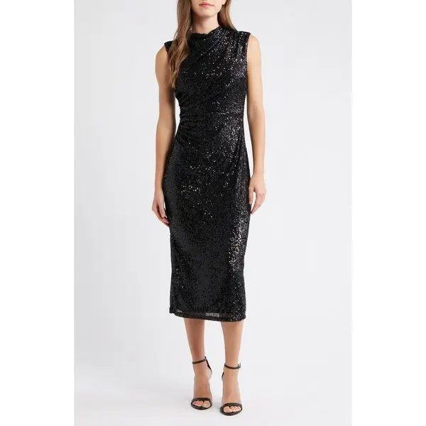 Anne Klein Draped Sleeveless Sequin Sheath Midi Dress