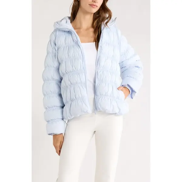 Zella Shirred Channel Quilted Water Repellent Hooded Jacket - Blue Ancient
