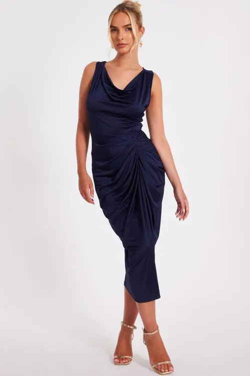QUIZ Disco Cowl Hardware Detail Back Ruched Midi Dress - Navy