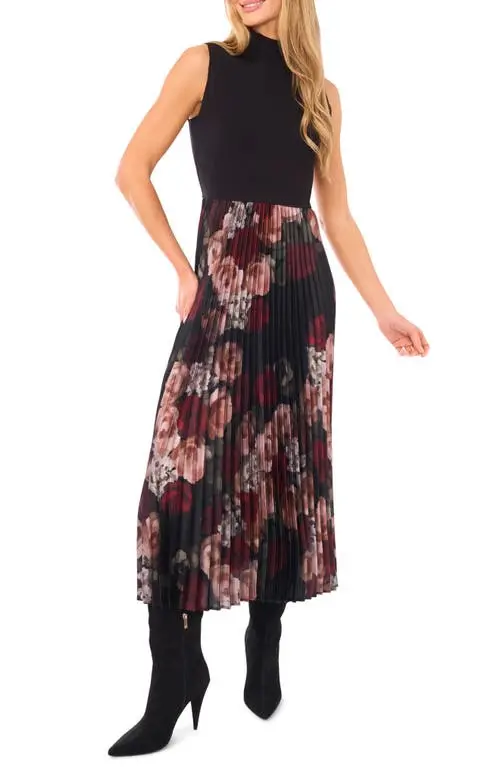 Halogen Floral Mixed Media Sleeveless Midi Dress