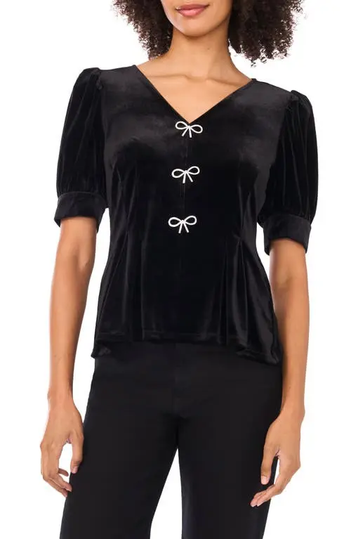 CECE DUPRAZ Rhinestone Bow Stretch Velvet Top