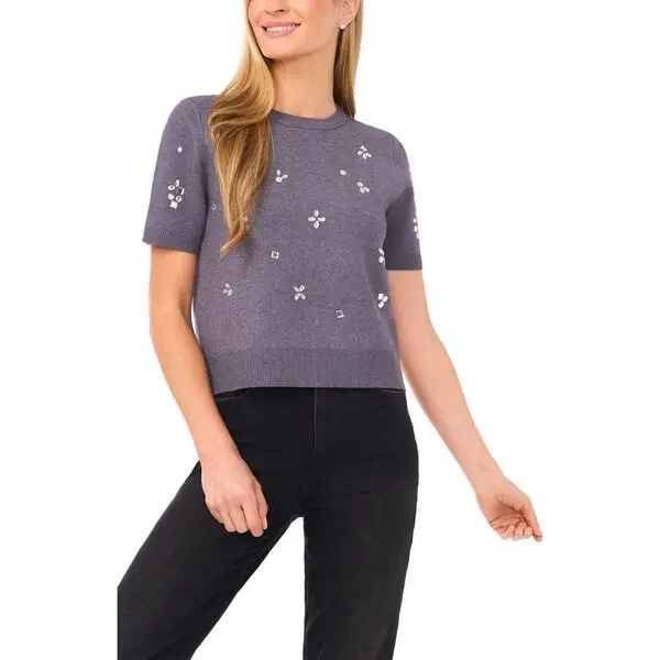CECE DUPRAZ Embellished Short Sleeve Sweater