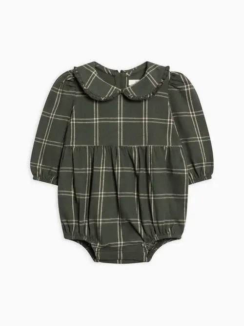 KENDI Aven Flannel Bubble Collared Romper - Pine Plaid