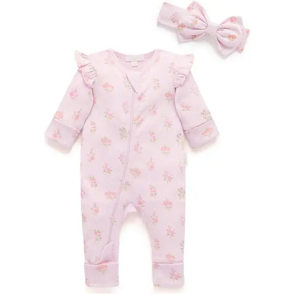 PUREBABY Printed Zip Footie & Headband Set - Aster Print