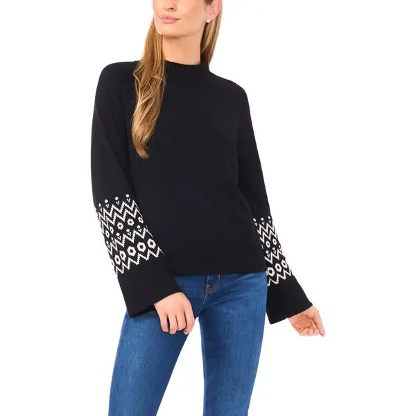 Halogen Fair Isle Accent Mock Neck Sweater - Rich Black