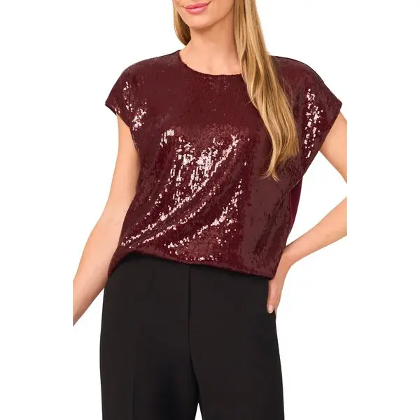 Halogen Sequin Cap Sleeve Top - Burgundy