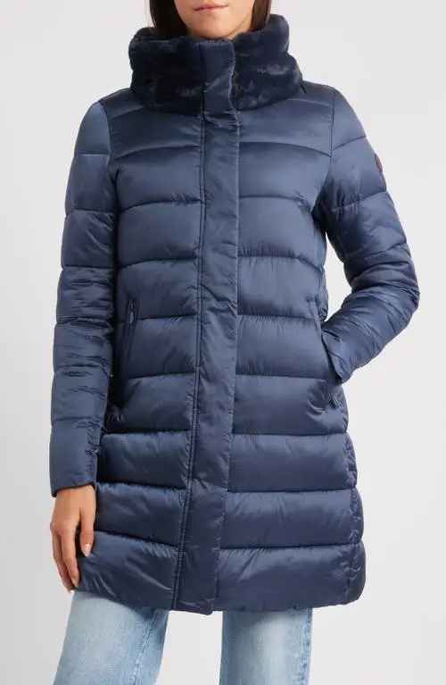 SAVE THE DUCK Dalea Longline Puffer Jacket With Faux Fur Collar - Night Blue