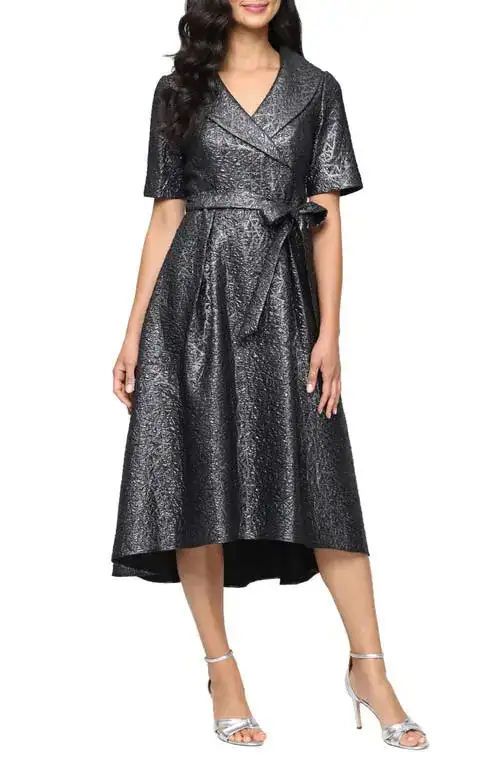 Alex Evenings Jacquard Faux Wrap Midi Dress - Gunmetal | Editorialist