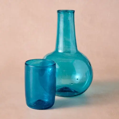 Blue Handblown Glass Carafe and Cup Set - Thumbnail 4