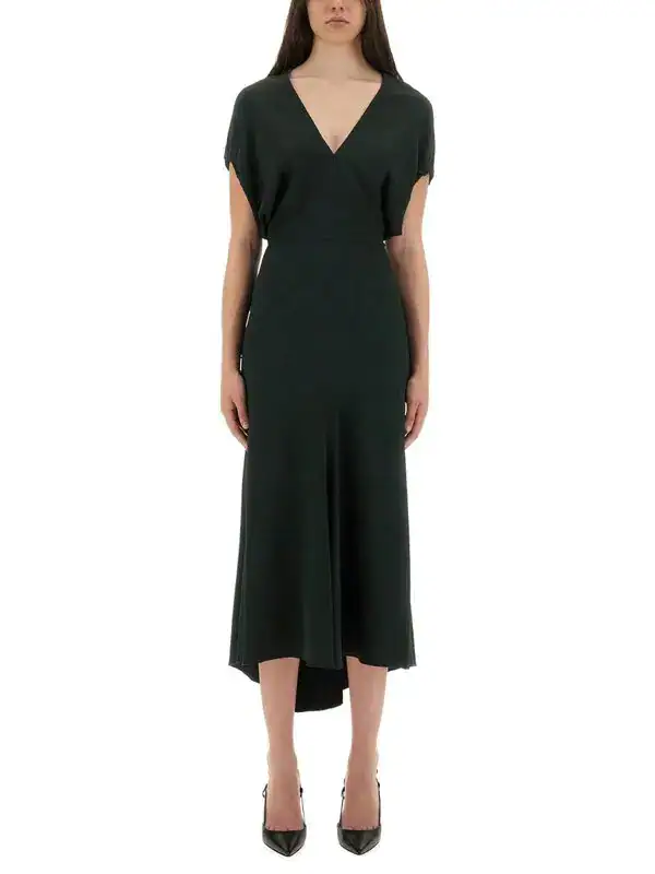 slim fit dress slacks Green Beaded V-Neck Short Sleeve Blouson Gown