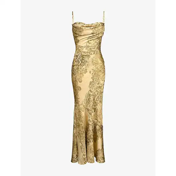 House OF CB Printed Stretch-Satin Maxi Dress - Gold