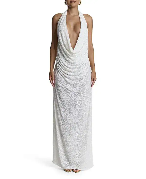 Naked Wardrobe Burnout Plunge Halter Maxi Dress - Leopard White |  Editorialist