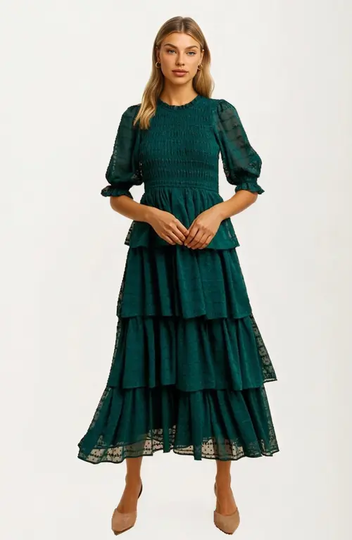 KNIT & LOUNGE Tiered Ruffle Maxi Dress With Smocked Bodice