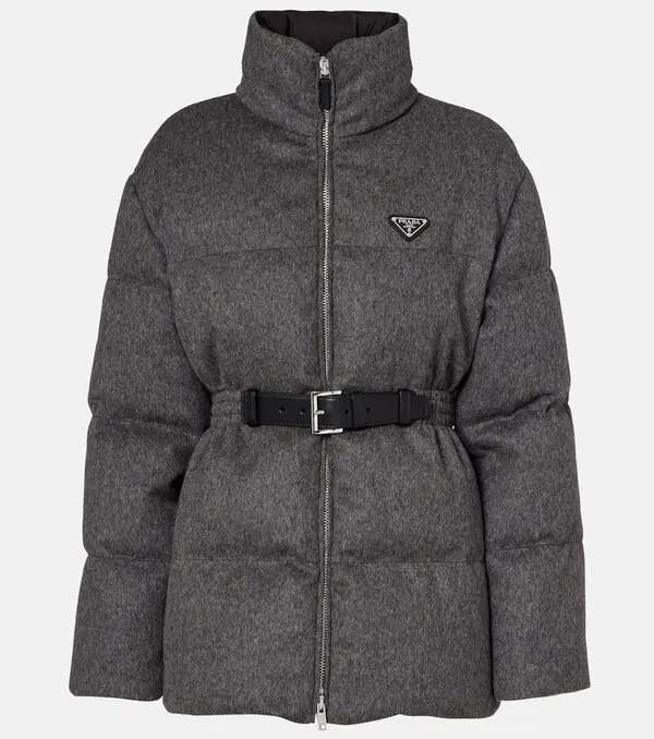 Prada Belted Virgin Wool Down Jacket - Grey