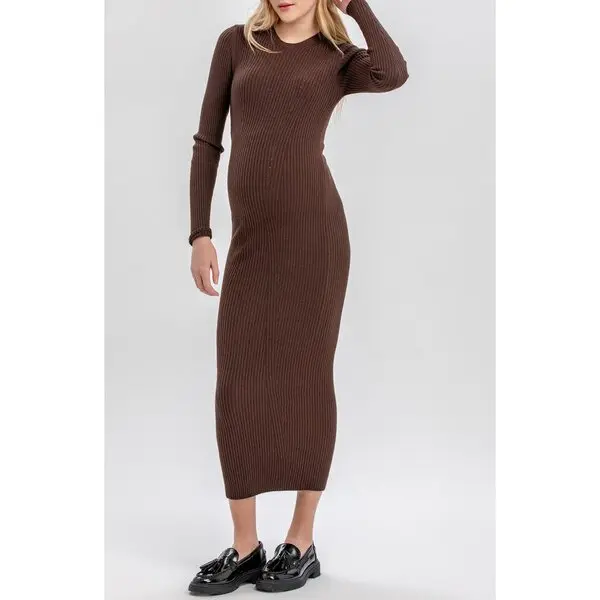 PIETRO BRUNELLI Stella Long Sleeve Ribbed Maternity Dress - Moka