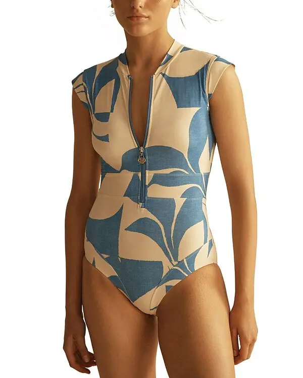 AUR OCEA Ipanema Panelled Cap Sleeve One Piece - Blue And White