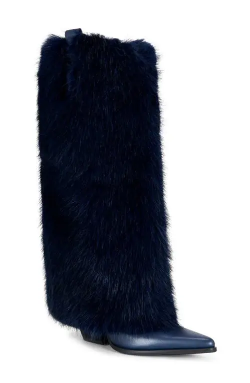 AZALEA WANG Friata Faux Fur Western Boots - Navy