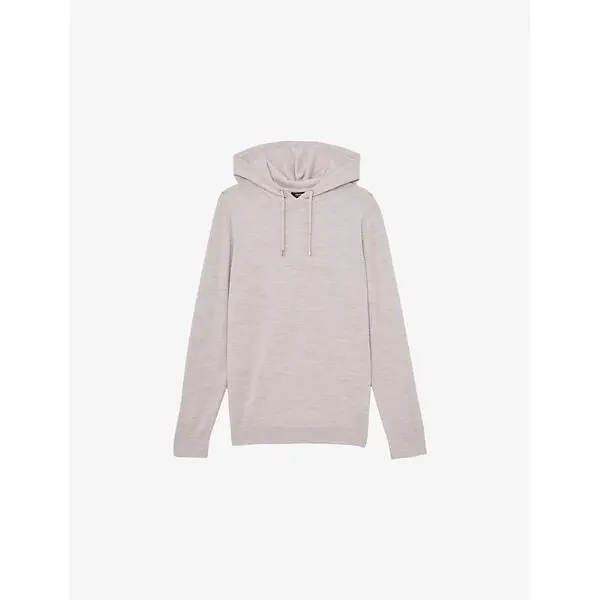 REISS Holland Drawstring Merino Wool Knit Hoody - Wicker Brown Melange