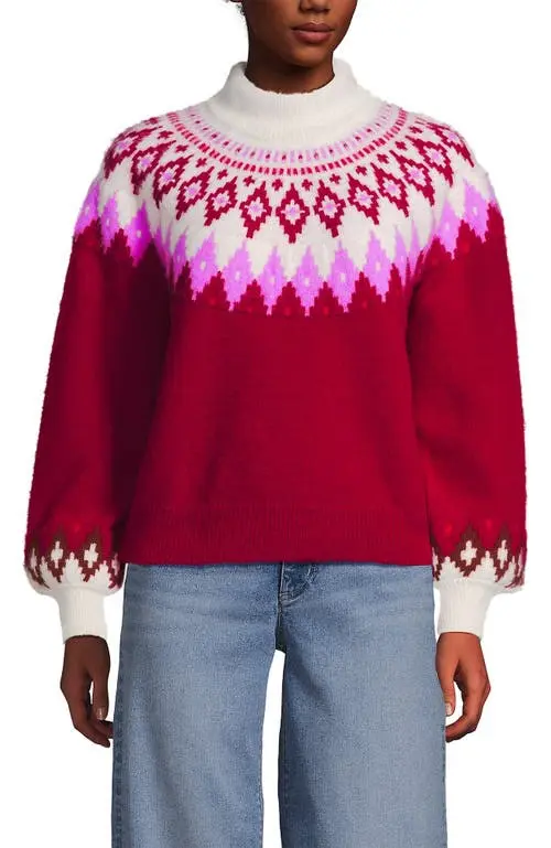 LANDS' END Fuzzy Jacquard Turtleneck Lantern Sleeve Sweater - Rich Red Fairisle