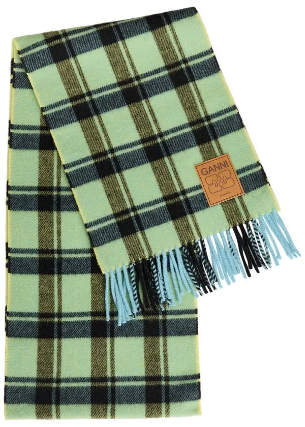 GANNI Plaid Fringed Wool Scarf