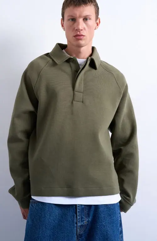 Topman Raglan Sleeve Boxy Cotton Blend Polo Sweatshirt - Khaki