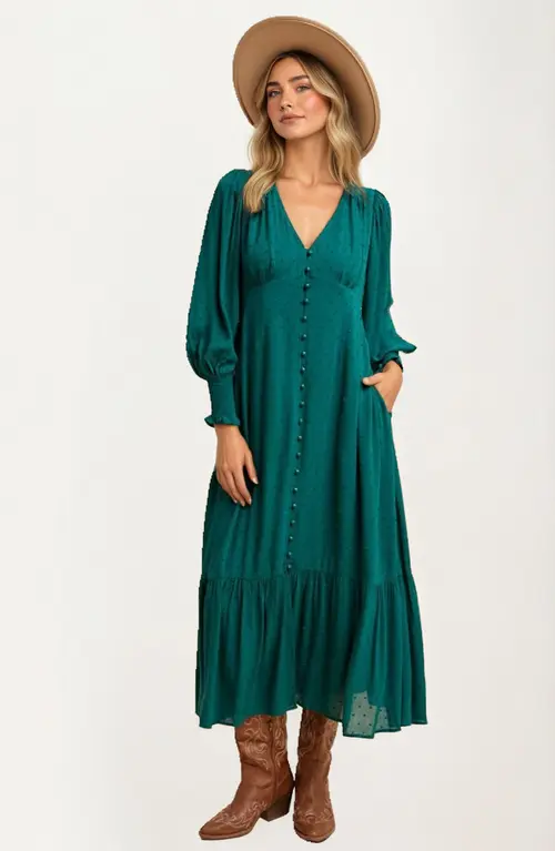 KNIT & LOUNGE Button Front Puff Sleeve Maxi Dress - Emerald Green