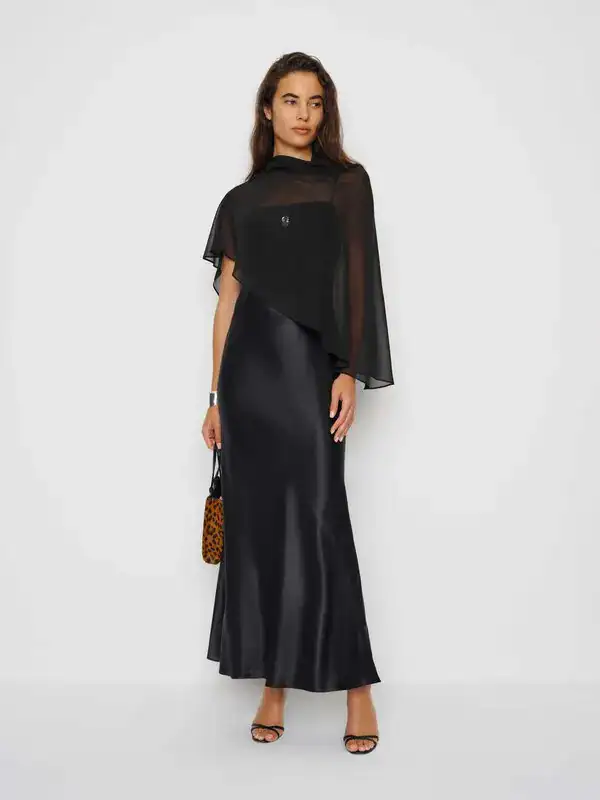 Reformation Sheer-Cape Silk Midi Dress - Black | Editorialist