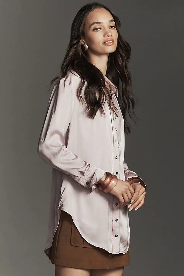 PILCRO Longline Silky Buttondown Shirt - Blush Pink