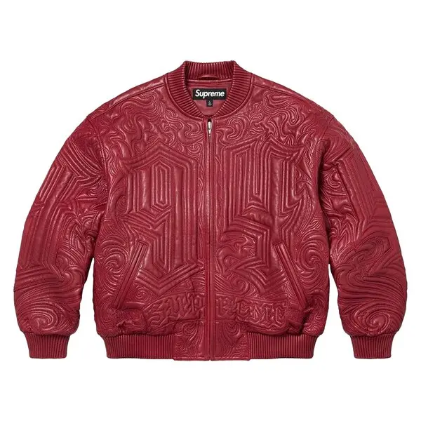 Supreme Mister Cartoon Embroidered Leather Jacket - Red