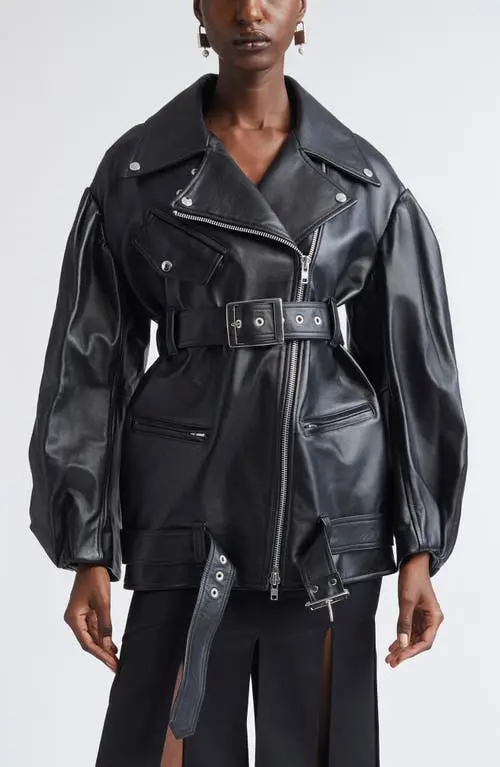 Simone Rocha Puff Sleeve Leather Biker Jacket - Black