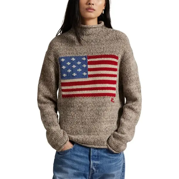 Ralph Lauren Intarsia Flag Mock Neck Wool Blend Sweater