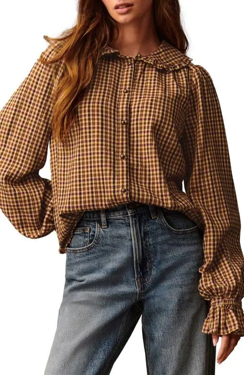 NEXT Check Ruffle Collar Button-up Shirt - Brown