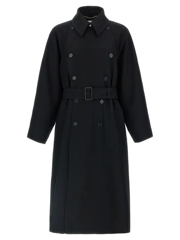 Saint Laurent Grain De Poudre Wool Double-breasted Long Coat - Black